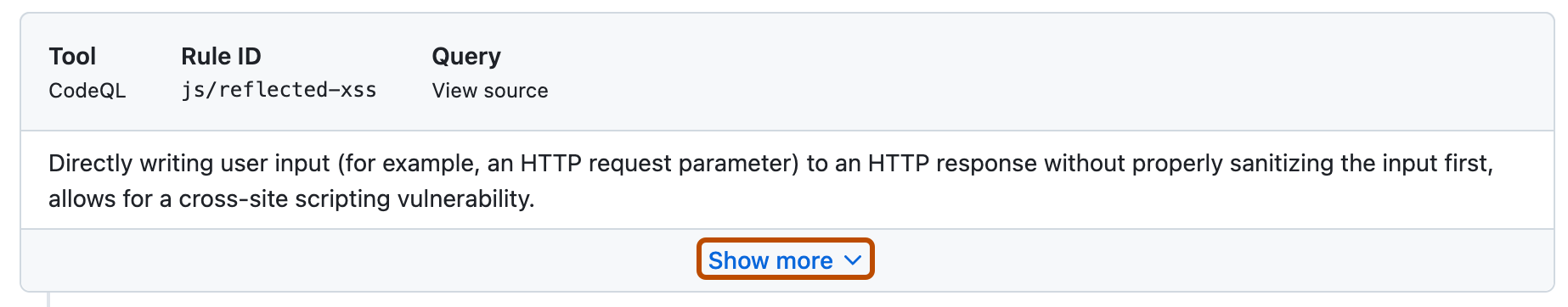 Screenshot: Details einer code scanning-Warnung. Eine Dropdownliste mit der Bezeichnung „Mehr anzeigen“ ist orange umrandet.