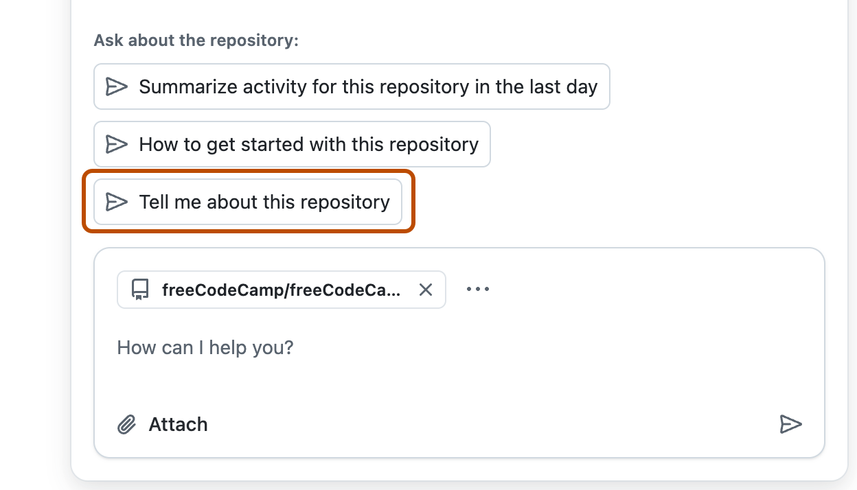 Captura de tela do painel de chat com o botão "Tell me about this repository" realçado.