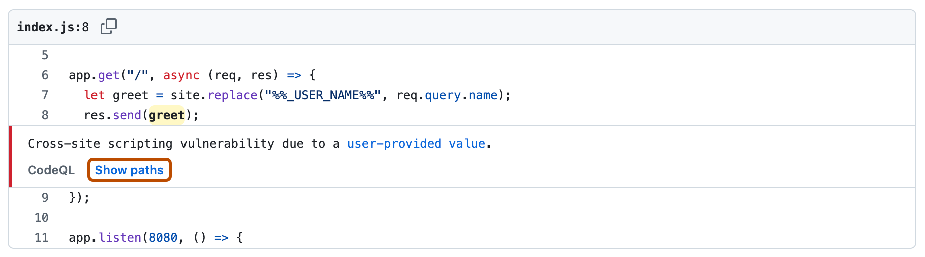 Screenshot: code scanning-Warnung. Eine Schaltfläche „Pfade anzeigen“ ist orange umrandet.